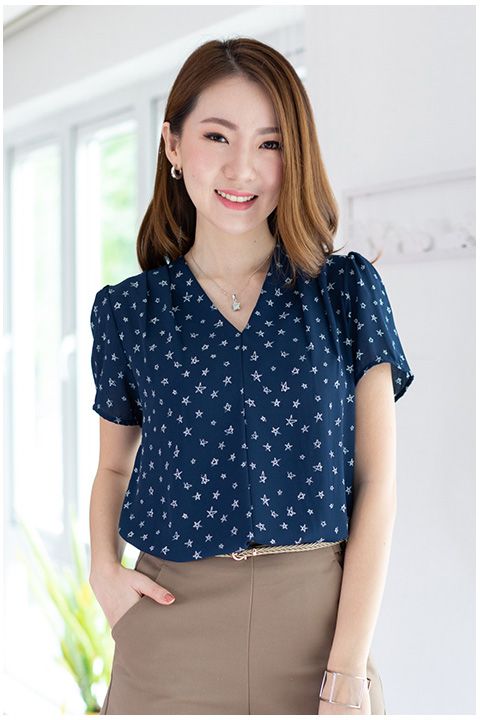 MT0601 V-Collar Starry Blouse – Navy Blue – Narinarishop.com