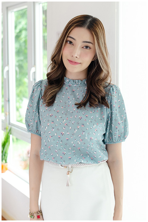 MT2710 Ruff Collar Flower Blouse – Light Teal – Narinarishop.com