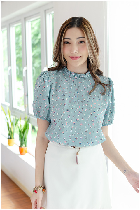 MT2710 Ruff Collar Flower Blouse – Light Teal – Narinarishop.com
