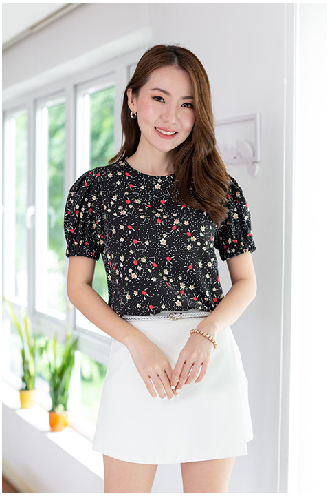 MT3016 Puff Sleeve Flower Blouse – Black – Narinarishop.com