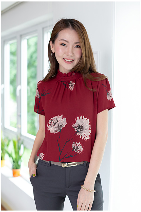 NT2343 Flower Ruff Collar Blouse – Red – Narinarishop.com