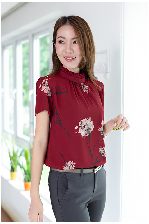 NT2343 Flower Ruff Collar Blouse – Red – Narinarishop.com
