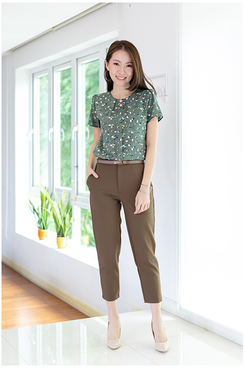 NT2328 Double Button Placket Blouse – Dark Green – Narinarishop.com