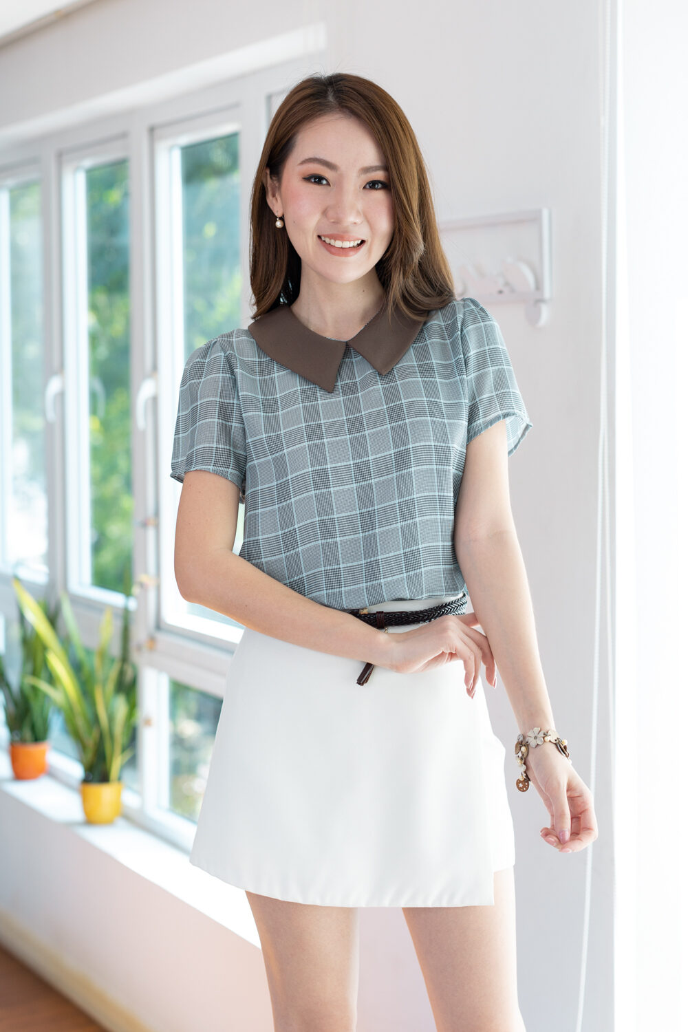 MT1301 Point Collar Checkered Blouse – Blue-Brown – Narinarishop.com