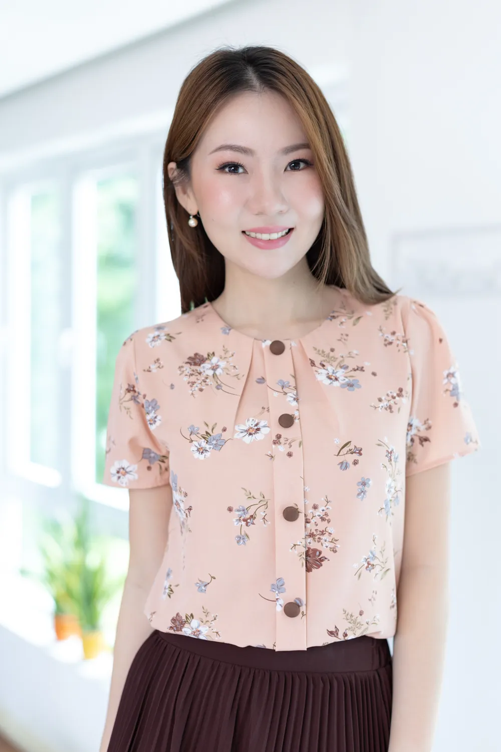 NT2493 Flower Print Button Placket Blouse – Peach – Narinarishop.com